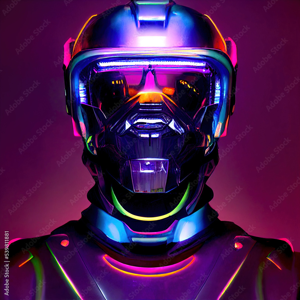 Portrait of cyber man with neon glowing armor and modern helmet with ...
