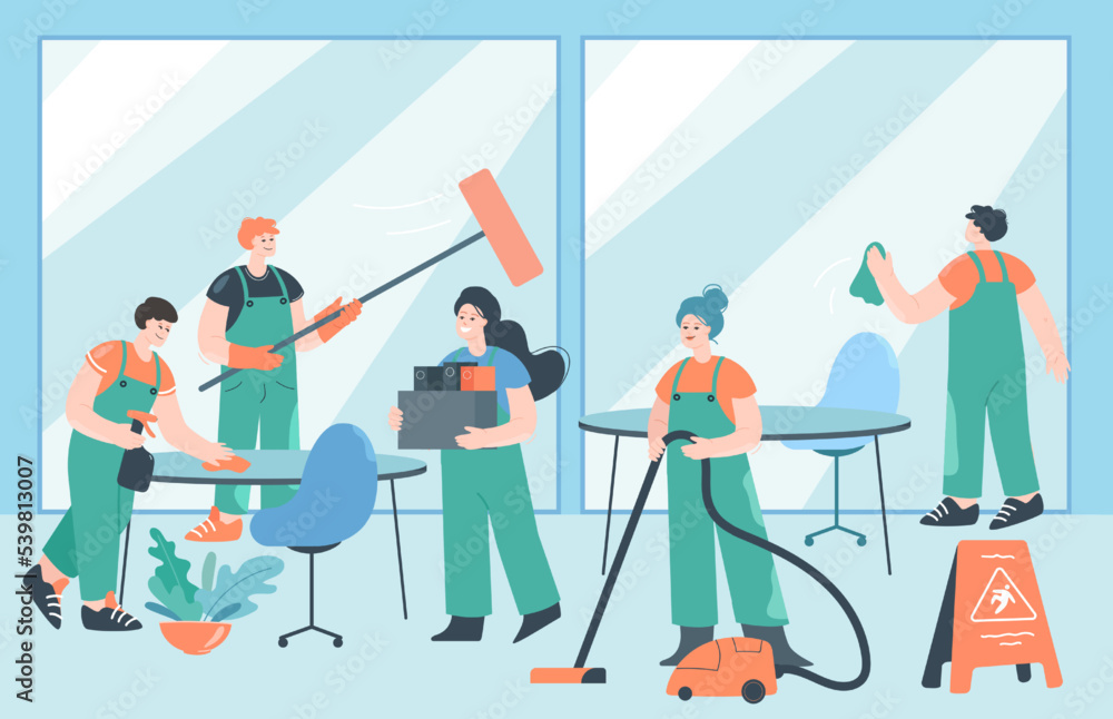 Team of cartoon janitors cleaning office. Professional cleaners making ...