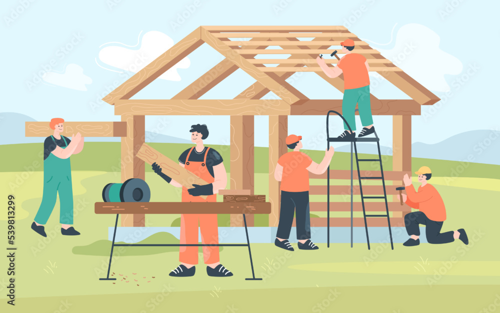 Cartoon carpenters building wooden house structure. Professional ...