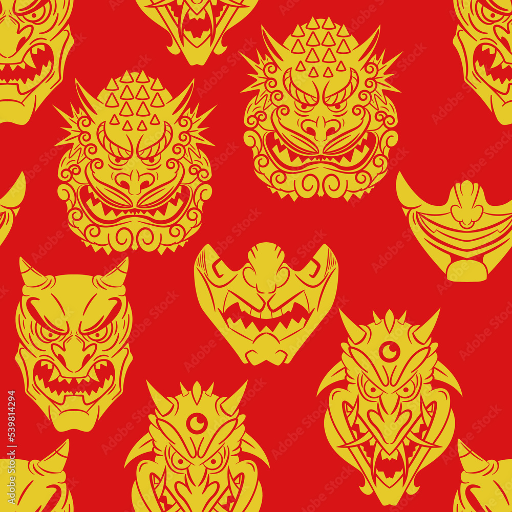 Oni and kabuki mask vector cartoon seamless pattern background for ...