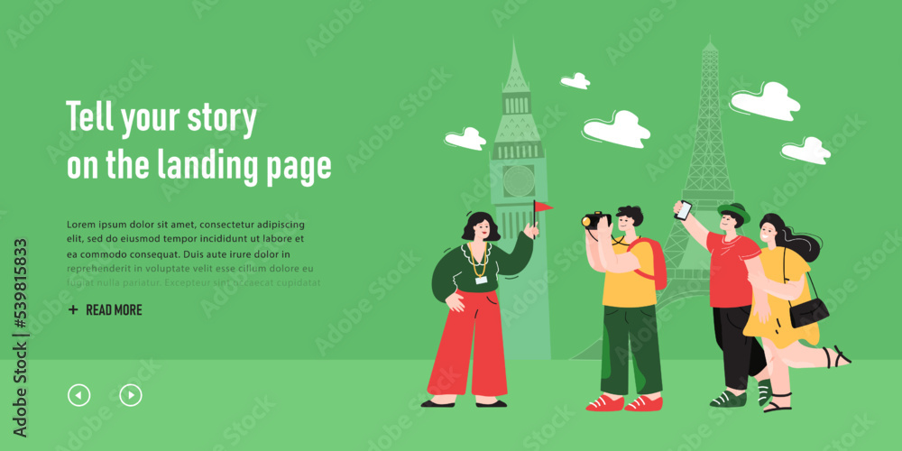 Group of tourists sightseeing and female tour guide holding flag. Happy ...