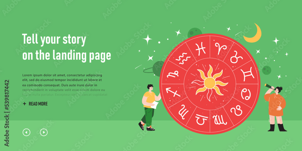 Tiny cartoon characters with zodiac signs. Man checking horoscope ...