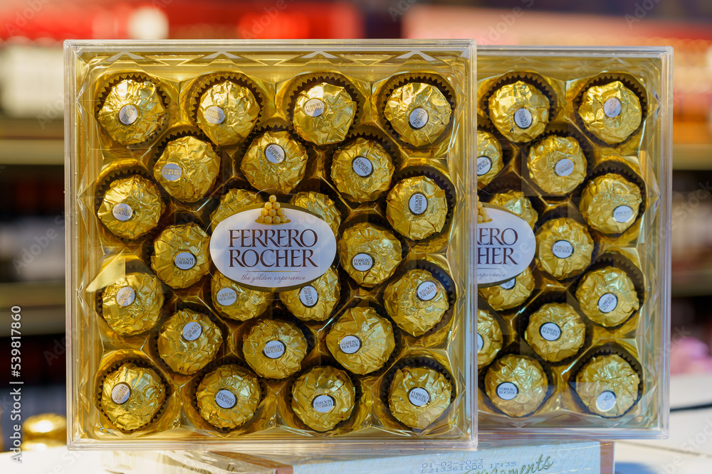 Ferrero Rocher chocolates. Goods on the store shelf, supermarket ...
