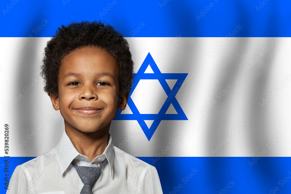 Israeli kid boy on flag of Israel background. Education and childhood ...