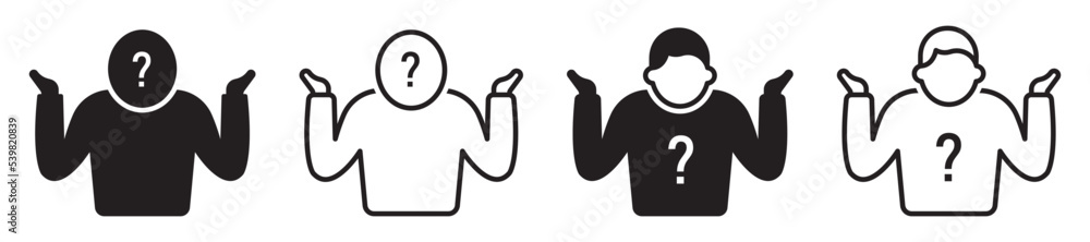 Set of shrug icons, doubt. Question mark, unsure, people, man. Vector ...