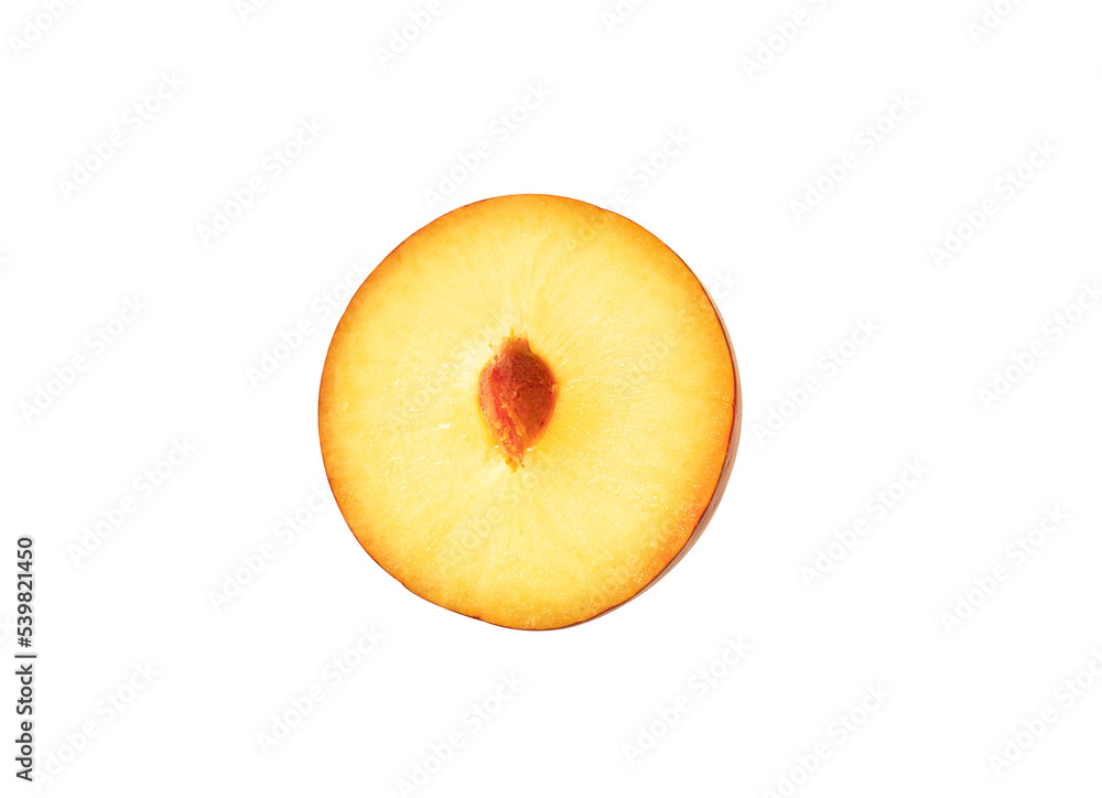 fresh red or purple ripe plum cut a half with cross section isolated on ...