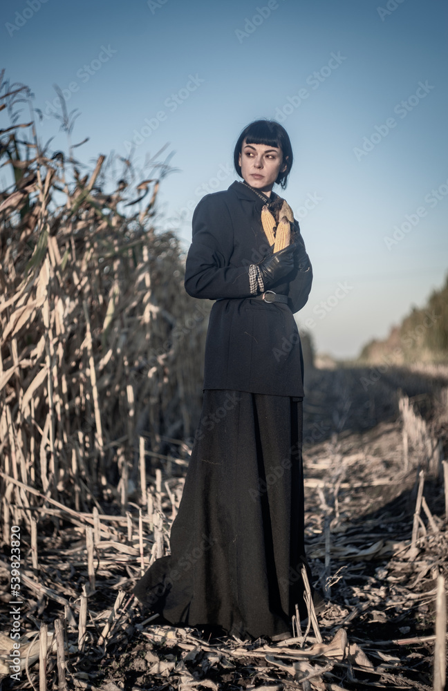 On an autumn evening, a girl in a black business suit stands in a field ...