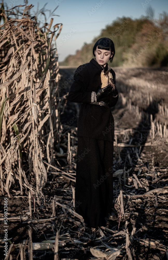 On an autumn evening, a girl in a black business suit stands in a field ...