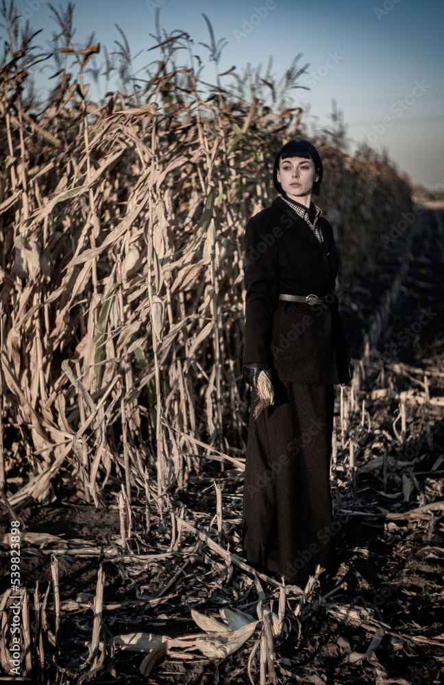 On an autumn evening, a girl in a black business suit stands in a field ...