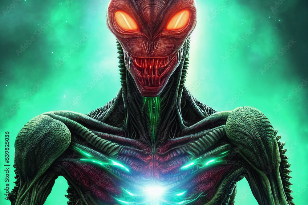 fantasy illustration of reptilian green alien humanoid lifeform with ...