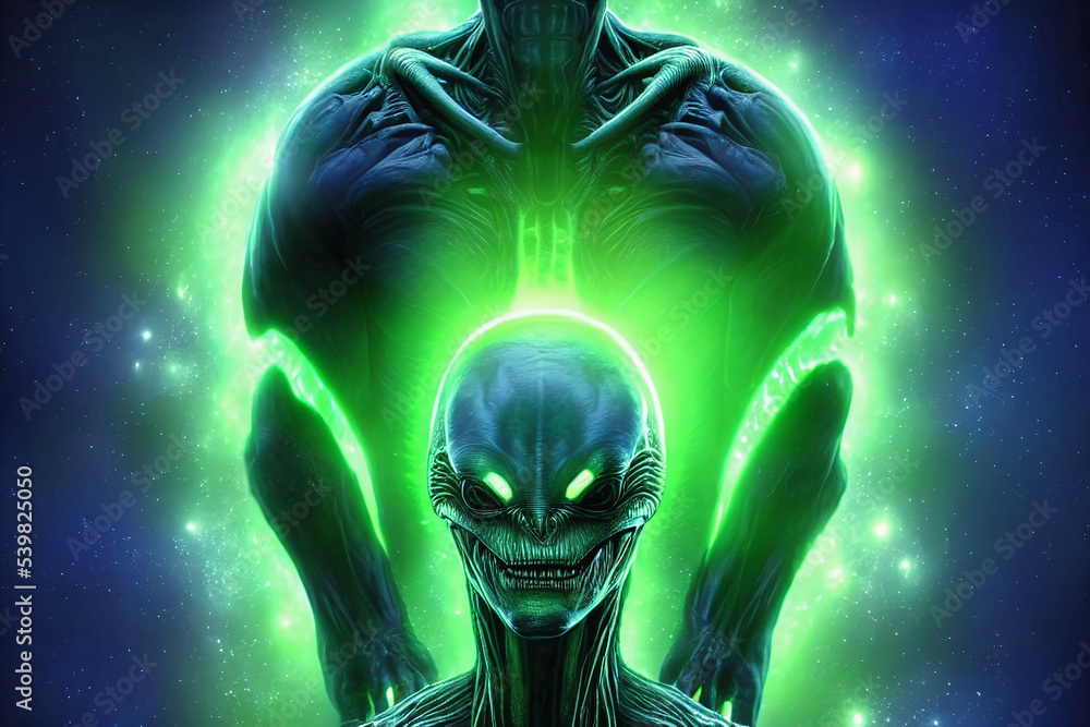 fantasy illustration of reptilian green alien humanoid lifeform with ...