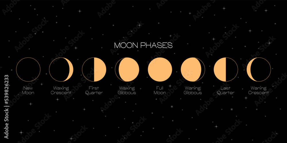Moon phases scheme sphere shadow cycle astronomy icon set. Vector ...