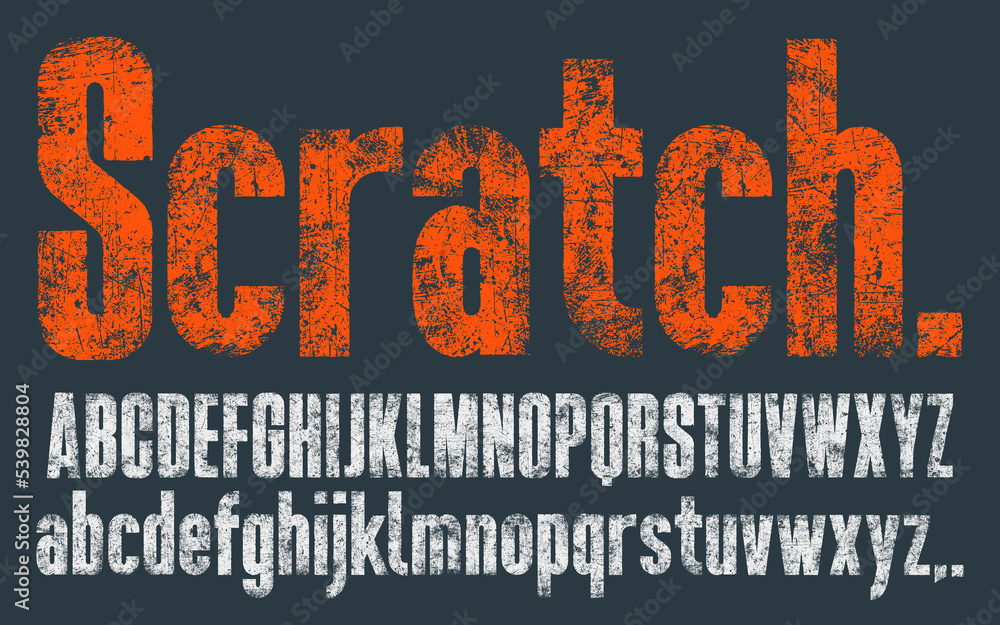 Scratched Condensed Font with a worn, scratched texture. Detailed ...