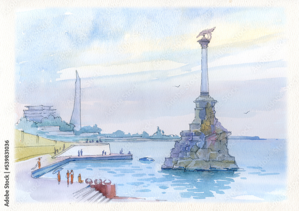 Sevastopol city symbol: Monument to the scuttled ships. Watercolor ...
