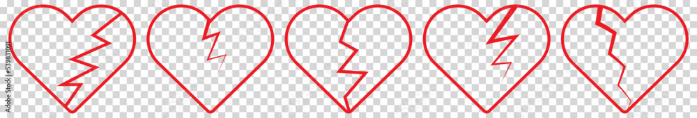 Red broken red heart line icons. Vector illustration isolated on ...