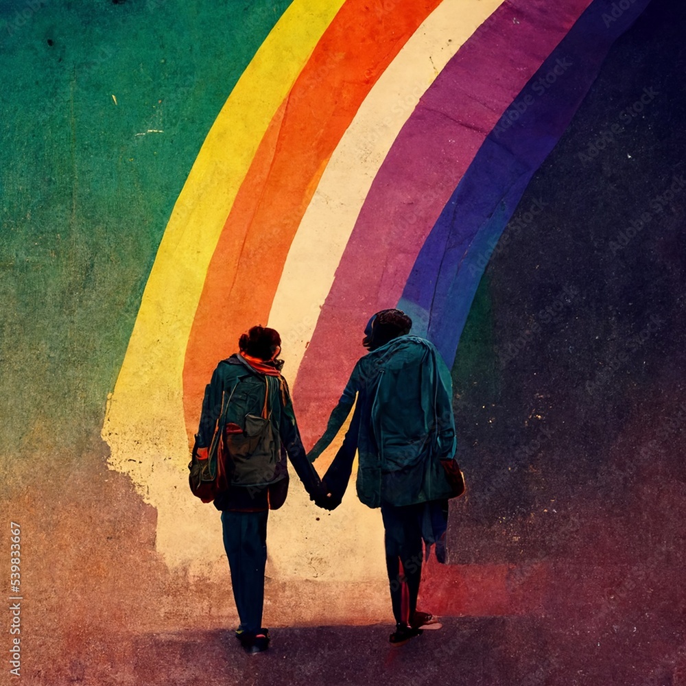 LGBTQ+ illustration, two people holding hands from behind, walking ...