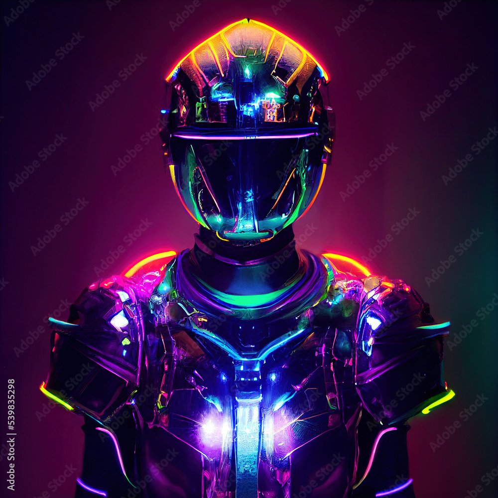 Portrait of cyber man with neon glowing armor and modern helmet with ...