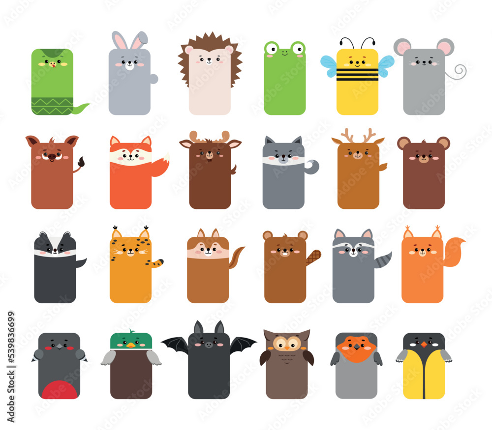 Rectangular forest animal faces icon set isolated on white. Cute ...