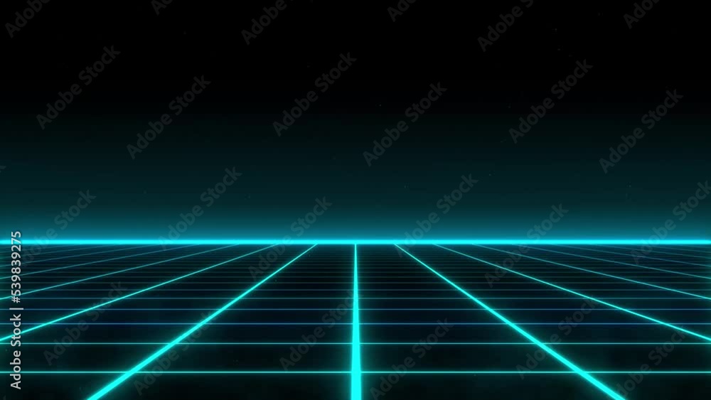 Infinity perspective laser blue grid with glowing horizon. Retrowave, synthwave looped animation ...