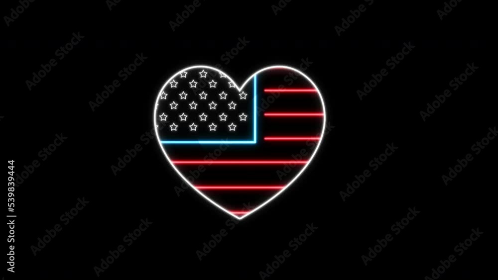 Flashing neon sign of the US flag in a heart shape. United States of ...