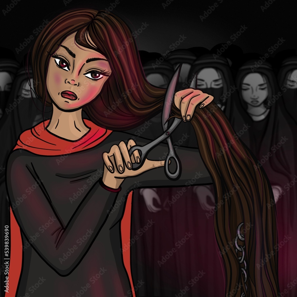 Iranian woman protestor cutting off her hair. Hand drawn illustration ...
