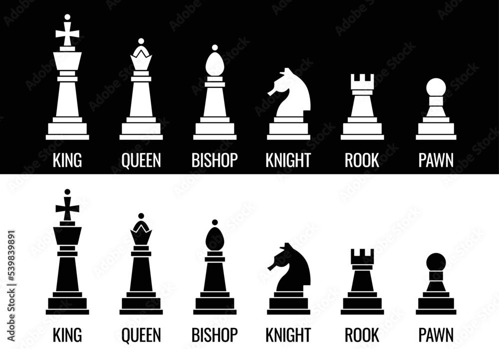 Chess pieces icons with name. Board game. Black silhouettes isolated on ...