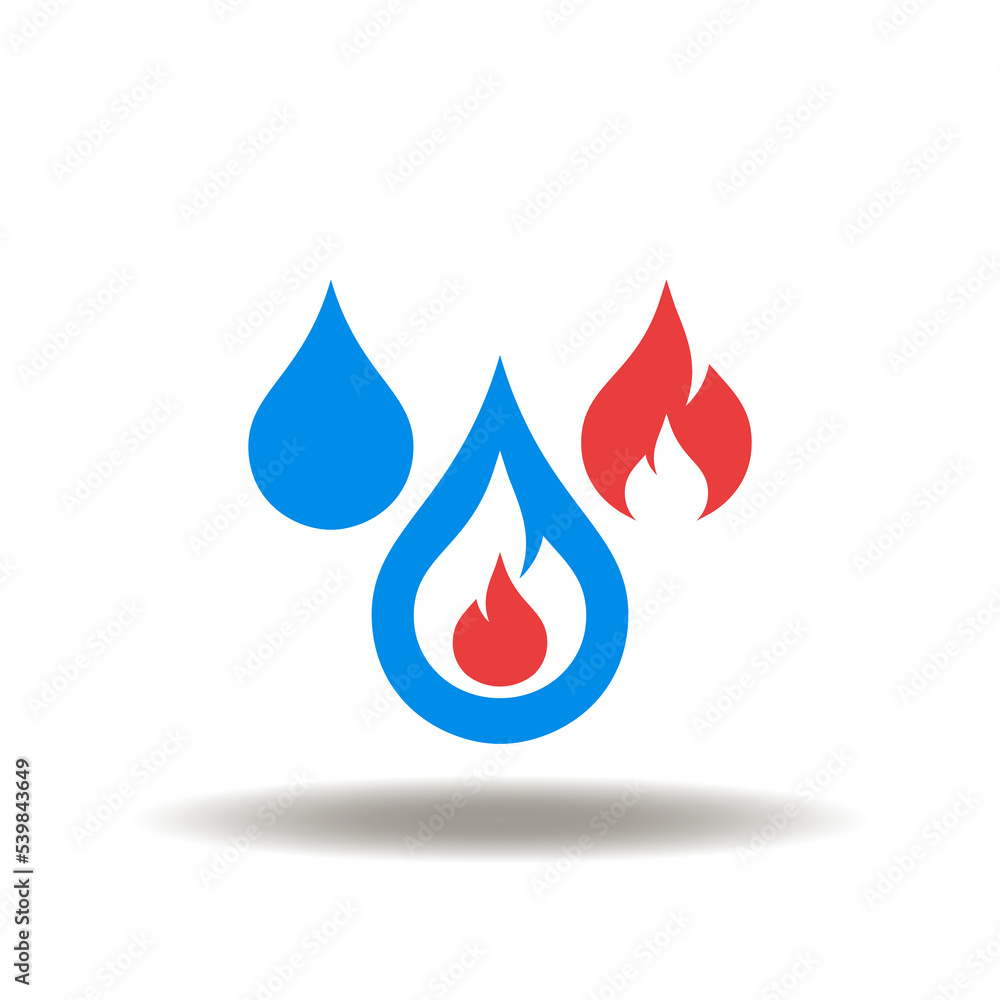 Vector illustration of drops with fire flame. Icon of plumbing and ...