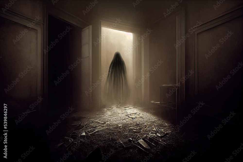 Dark ghostly figure in a doorway in abandoned room, creepy haunted ... Dark ghostly figure in a doorway in abandoned room, creepy haunted ...