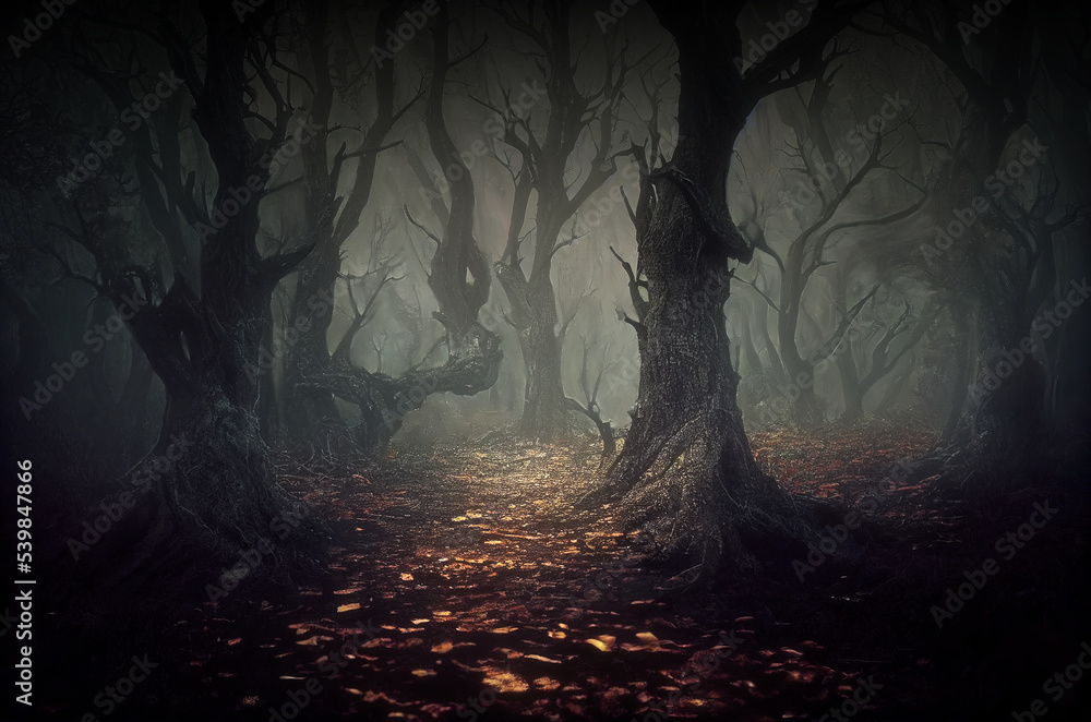 Deep in fairy tale forest, dark spooky trees silhouettes along a misty ...