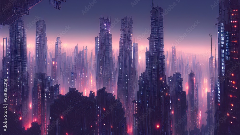 Cityscape of asian cyberpunk city at night. Neon, skyscrapers, fantasy ...