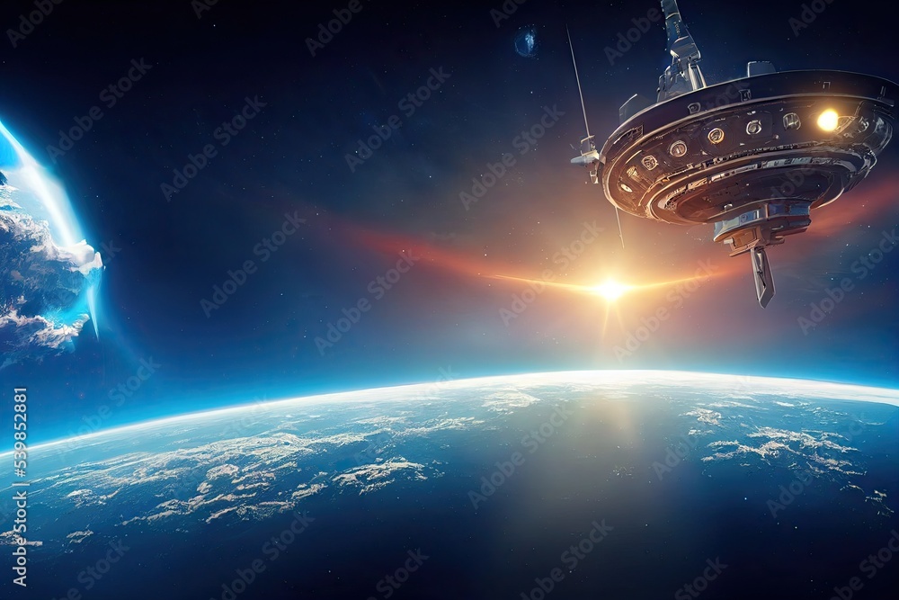 A flying saucer vehicle is seen in space from earth. A UFO, an ...