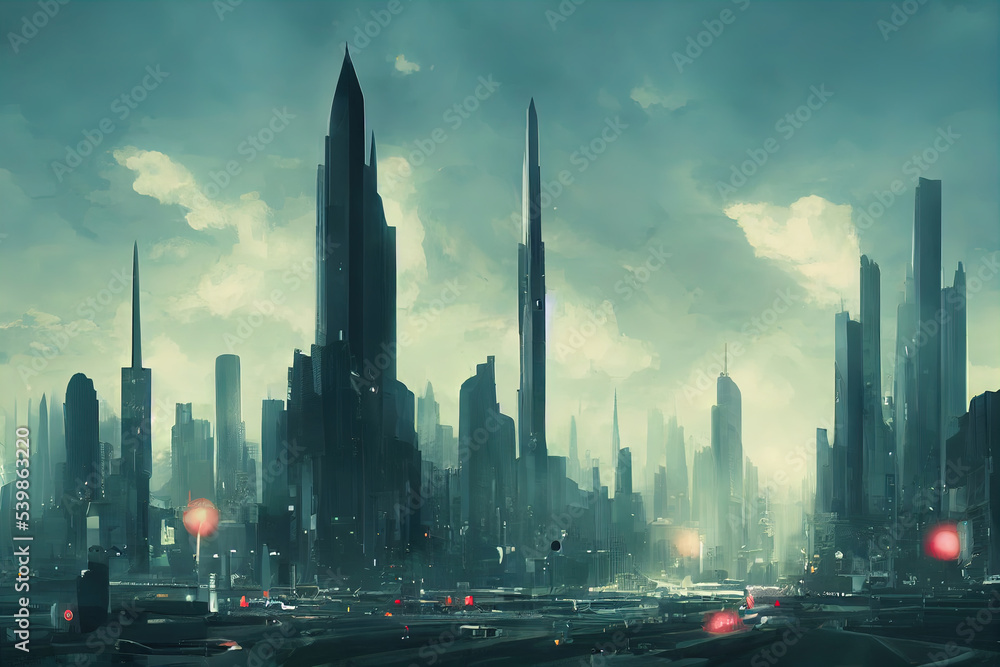 Futuristic city. Concept Art. Cityscape with bright neon lights. 3D illustration. Stock ...