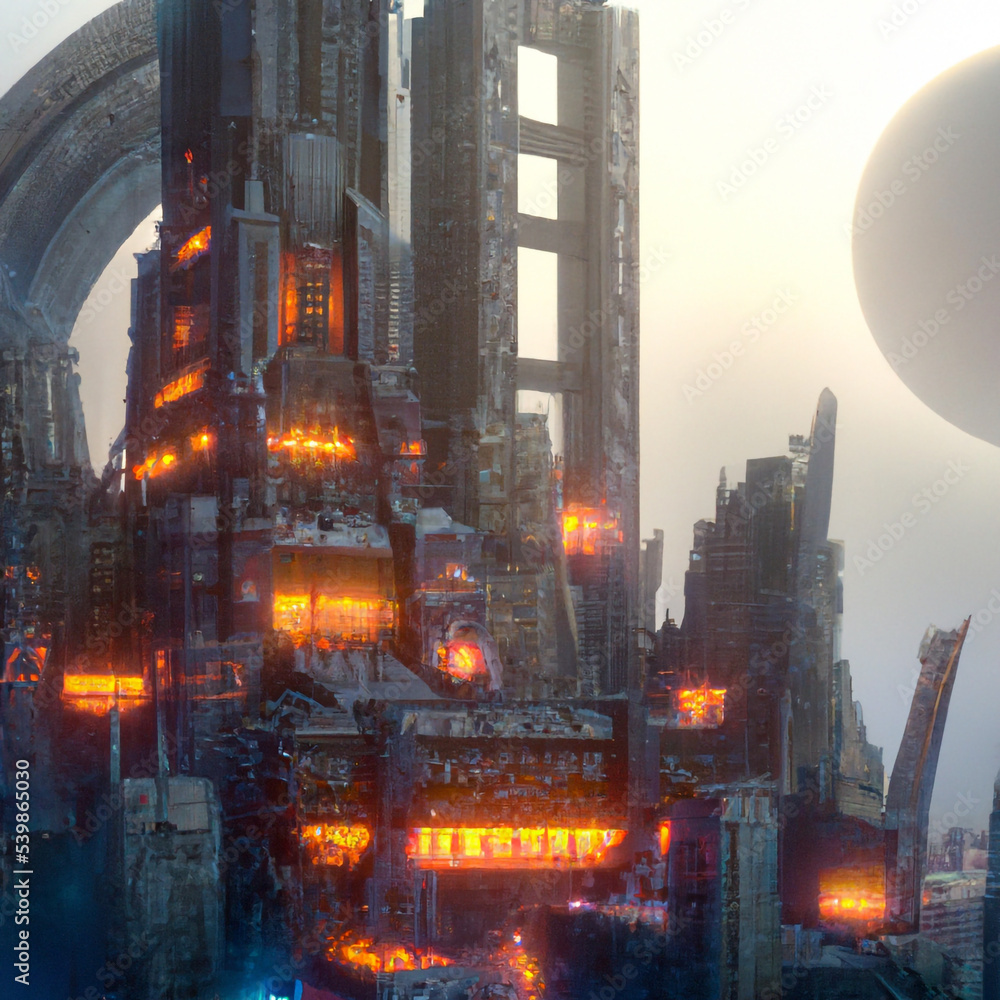 Digital concept art of futuristic cityscape. Future city alien world ...