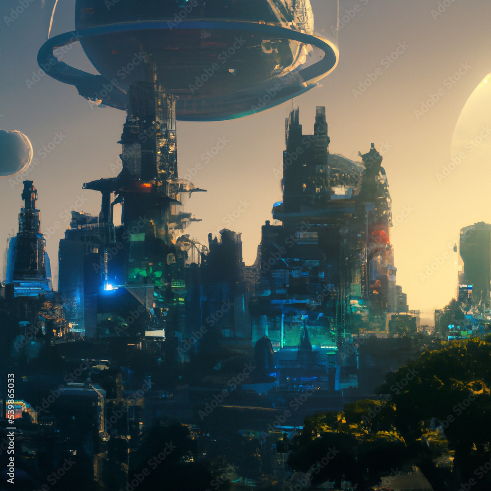 Digital concept art of futuristic cityscape. Future city alien world ...