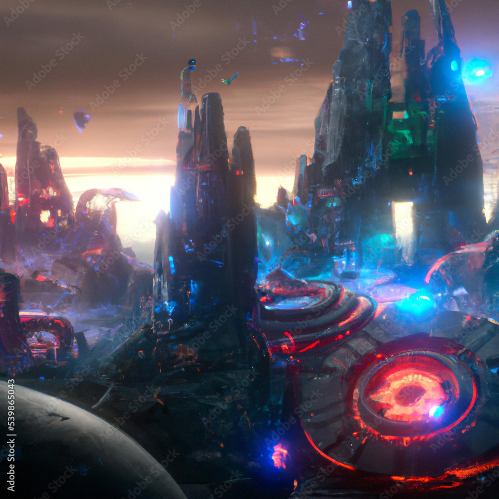 Digital concept art of futuristic cityscape. Future city alien world ...