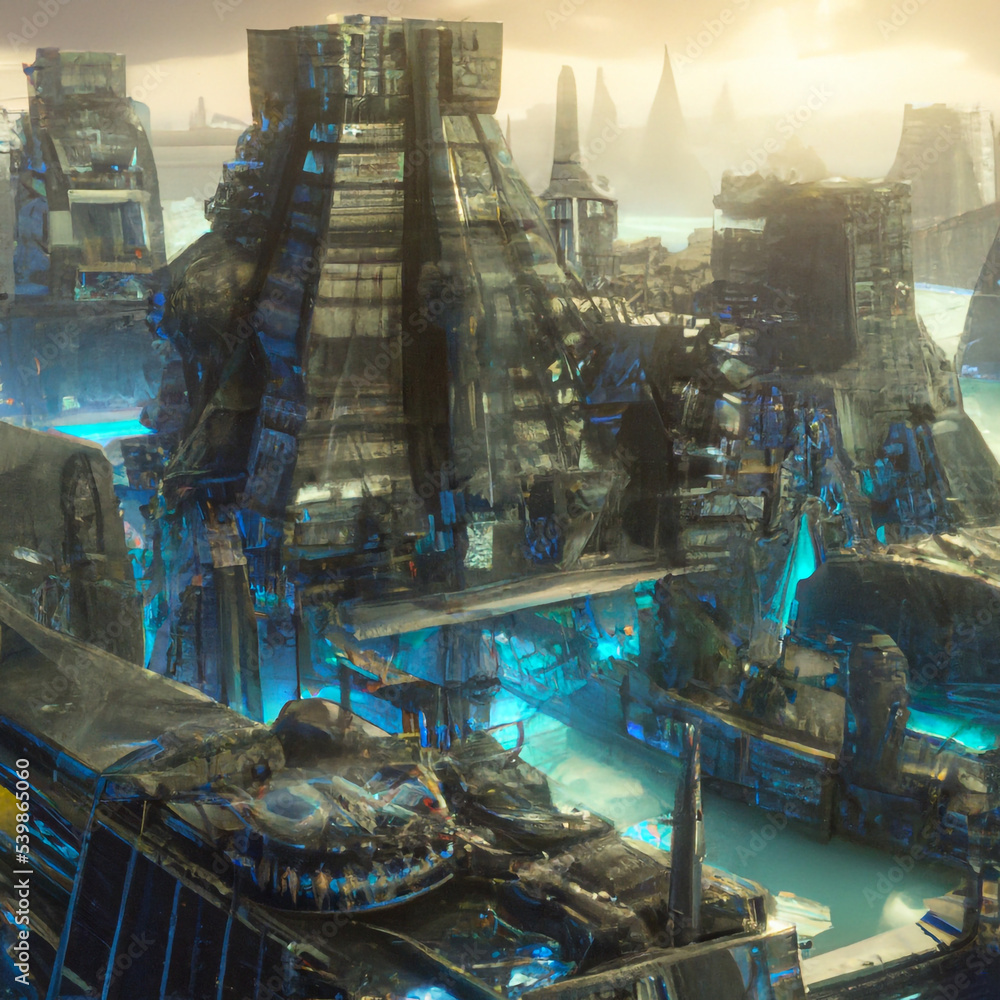 Digital concept art of futuristic cityscape. Future city alien world ...