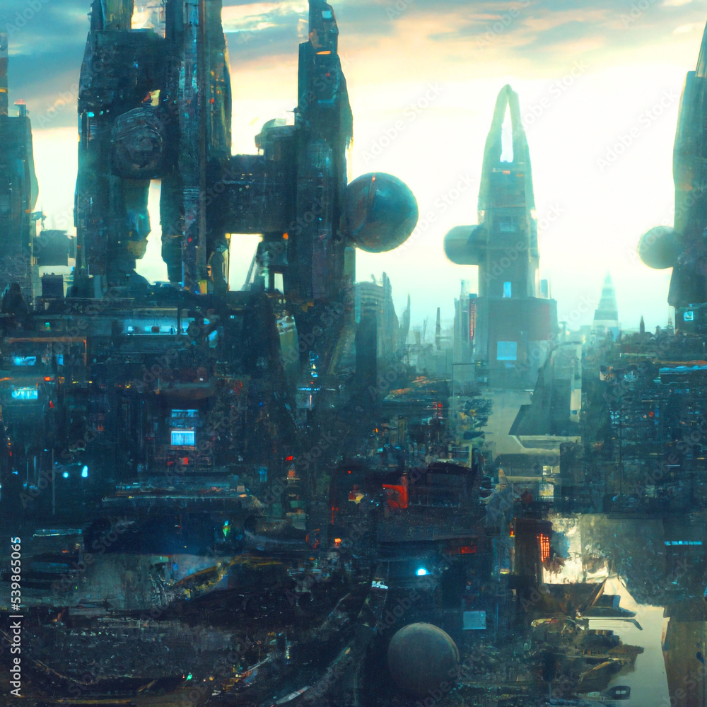 Digital concept art of futuristic cityscape. Future city alien world ...