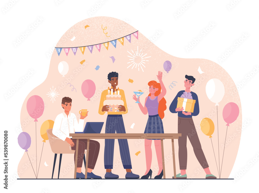 Work anniversary concept. Men and women celebrating. Happy characters ...