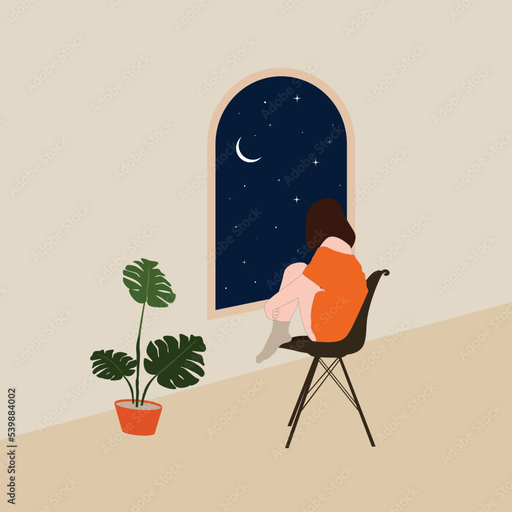 The brooding girl has negative mental health and mood. looking out the ...