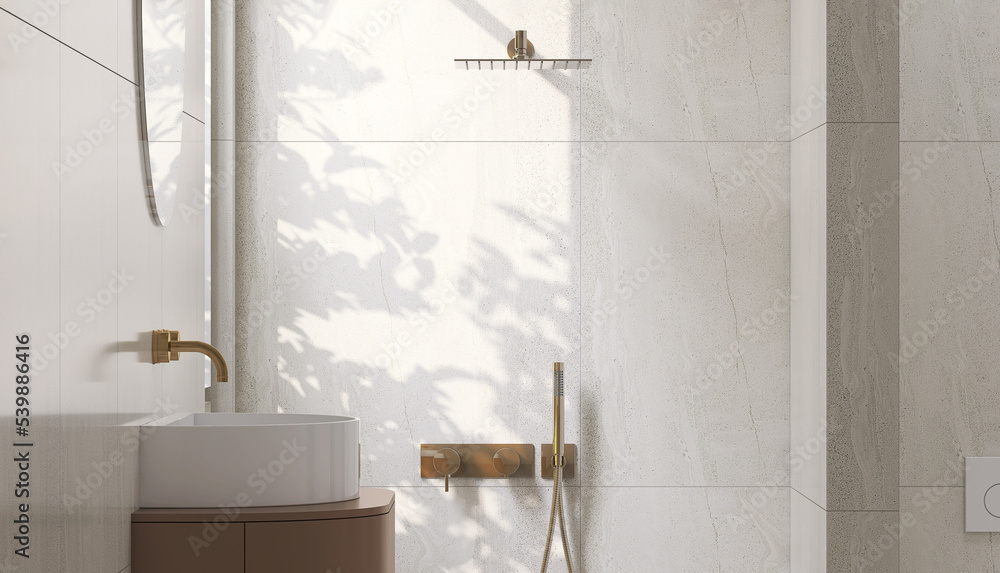 Foto de Modern design of shower walk in room with gold colored and rain ...