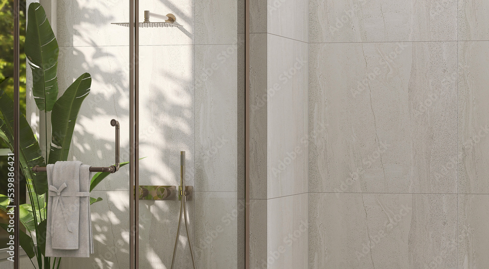 Modern design of glass shower walk in room with gold colored rain ...