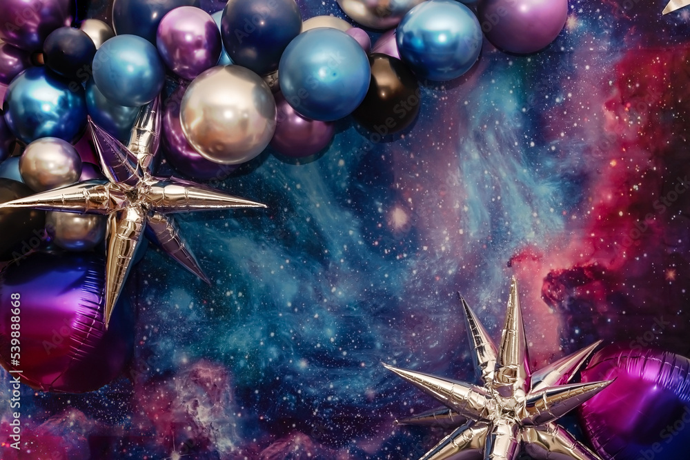 Galaxy and stars party background with balloon garland and room for ...