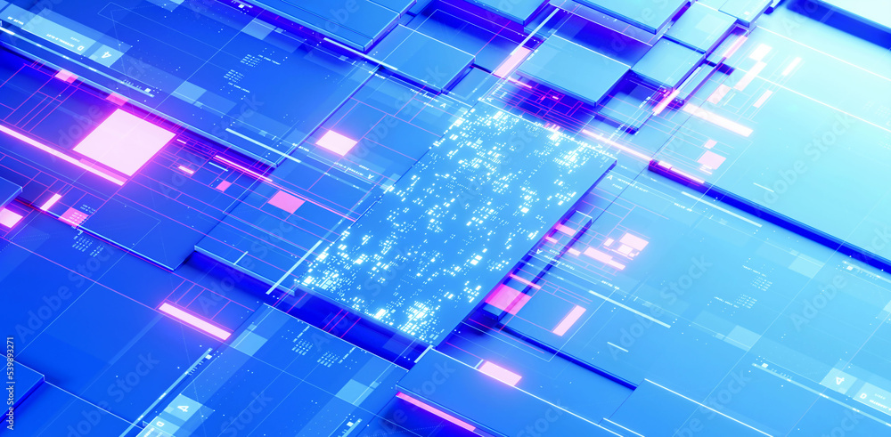 3D rendering of cyberpunk AI. Circuit board. Technology background ...