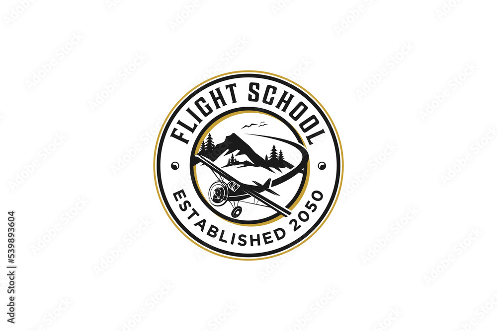 Flight school logo airline plane with mountain outdoor icon design ...