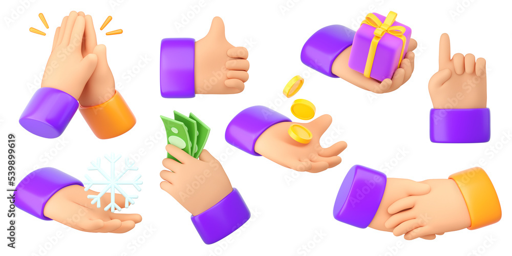 Human hands gestures set in plastic cartoon style. Сlapping, thumb up ...