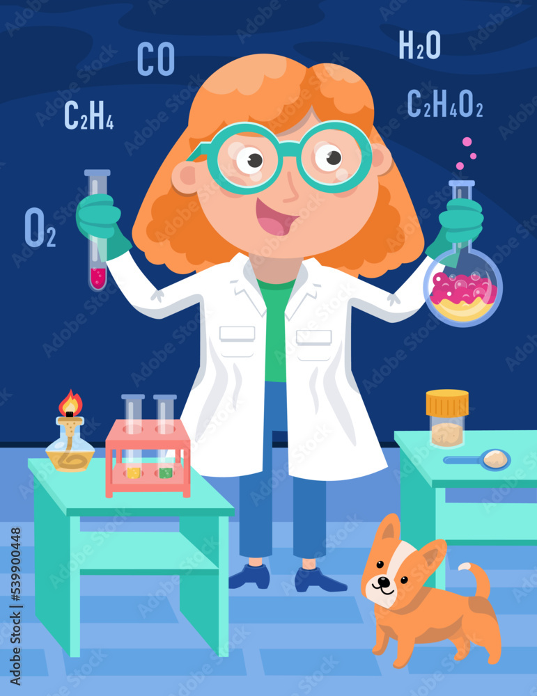 Scientist chemist among the objects. Microscope with mirror in cartoon ...
