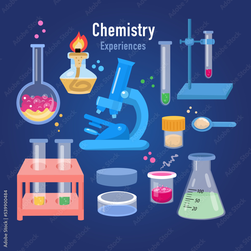 Set of items for chemical experiments. Microscope, spirit lamp, tripod ...