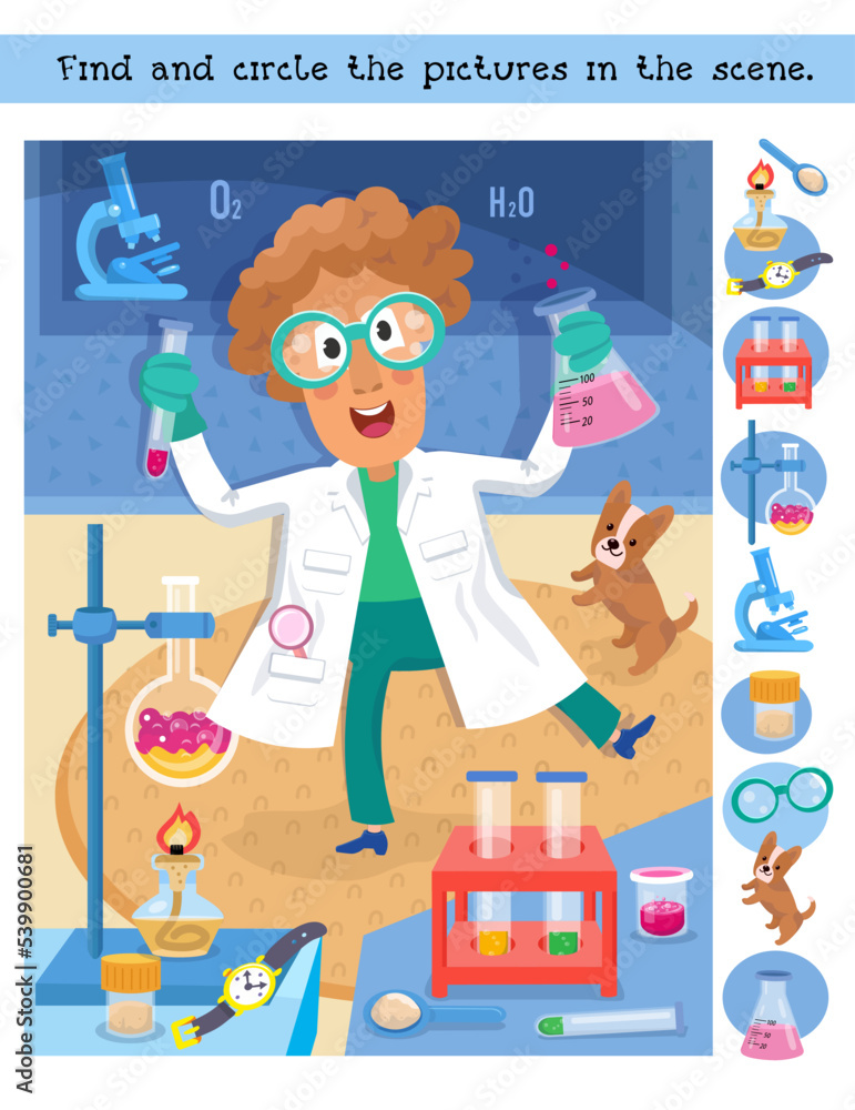 Find and circle 10 hidden objects. Puzzle game for kids. Chemical ...