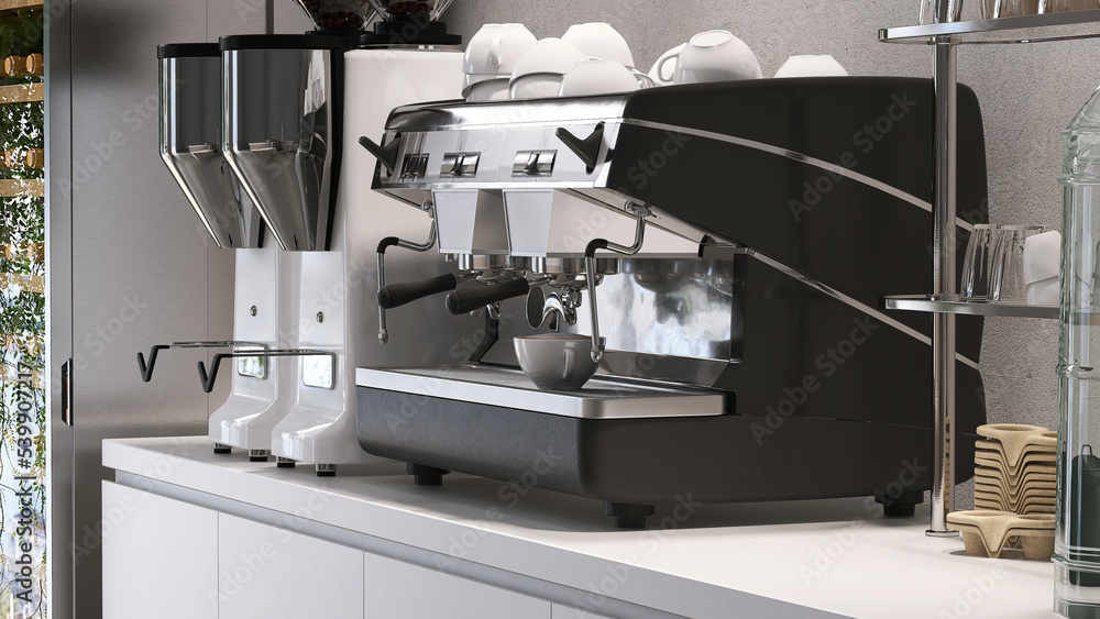 Close up of professional espresso making machine, commercial automatic ...