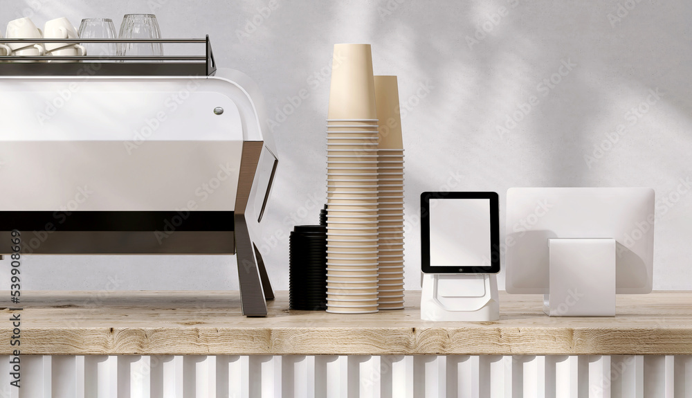 Modern design of cafe with wooden white counter with professional ...